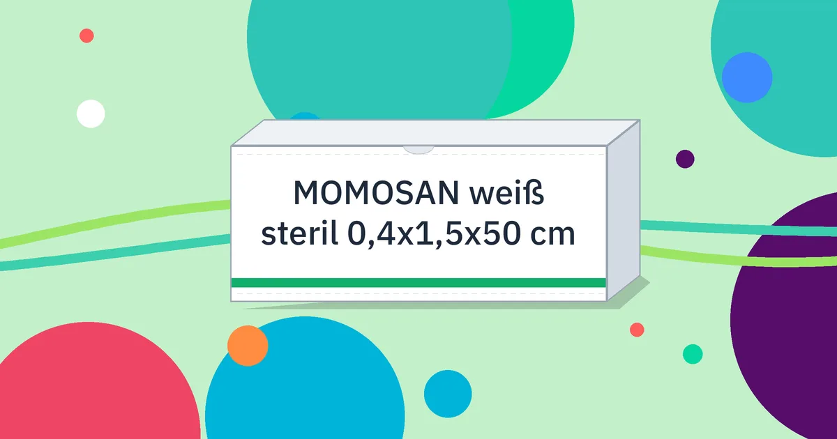 Symbolbild: Packung mit der Aufschrift MOMOSAN weiß steril 0,4x1,5x50 cm (PZN 01651691) – Verfügbarkeit und Bezug in Apotheken in Frankfurt am Main