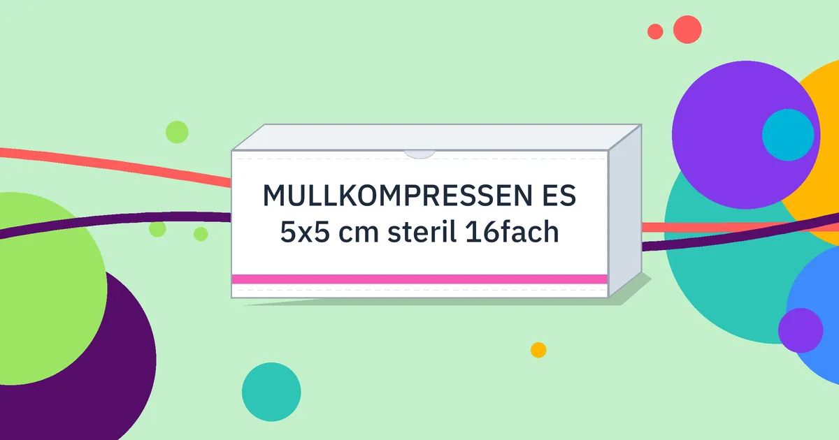 Symbolbild: Packung mit der Aufschrift MULLKOMPRESSEN ES 5x5 cm steril 16fach (PZN 14267089) – Verfügbarkeit und Bezug in Apotheken in Frankfurt am Main
