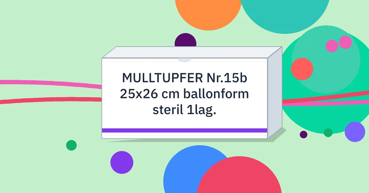 Symbolbild: Packung mit der Aufschrift MULLTUPFER Nr.15b 25x26 cm ballonform steril 1lag. (PZN 14266977) – Verfügbarkeit und Bezug in Apotheken in Frankfurt am Main