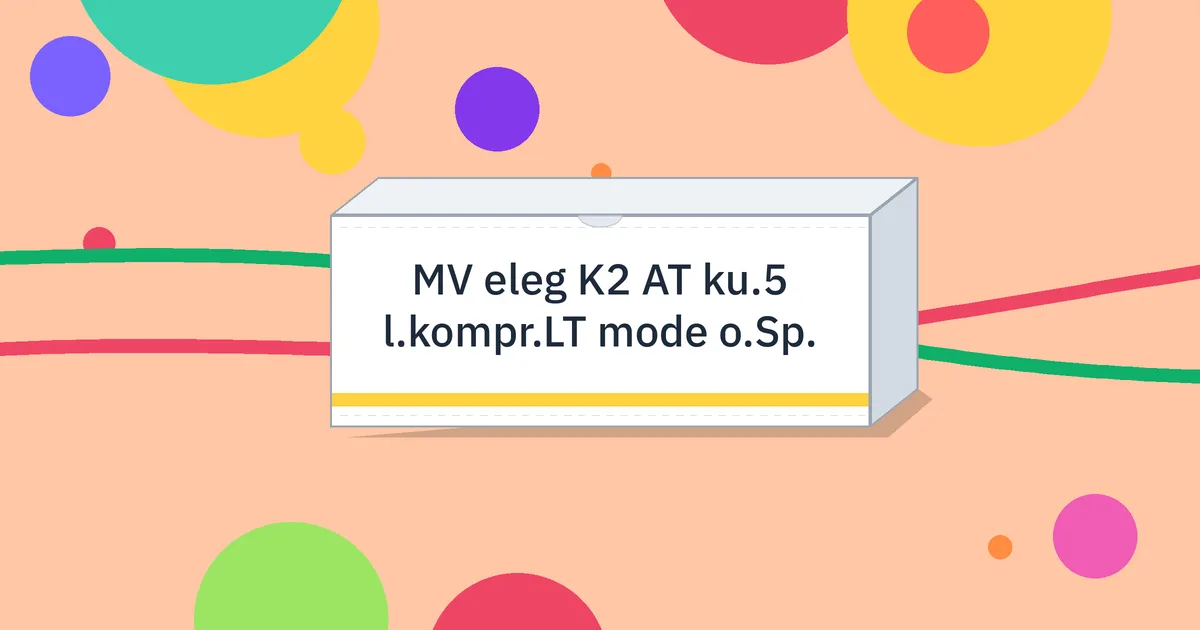 Symbolbild: Packung mit der Aufschrift MV eleg K2 AT ku.5 l.kompr.LT mode o.Sp. (PZN 06189783) – Verfügbarkeit und Bezug in Apotheken in Frankfurt am Main