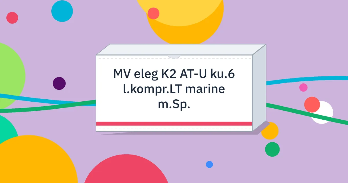 Symbolbild: Packung mit der Aufschrift MV eleg K2 AT-U ku.6 l.kompr.LT marine m.Sp. (PZN 14597303) – Verfügbarkeit und Bezug in Apotheken in Frankfurt am Main