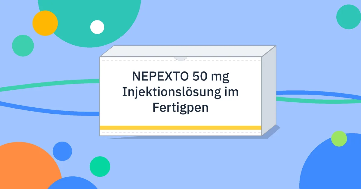 Symbolbild: Packung mit der Aufschrift NEPEXTO 50 mg Injektionslösung im Fertigpen (PZN 16907825) – Verfügbarkeit und Bezug in Apotheken in Frankfurt am Main