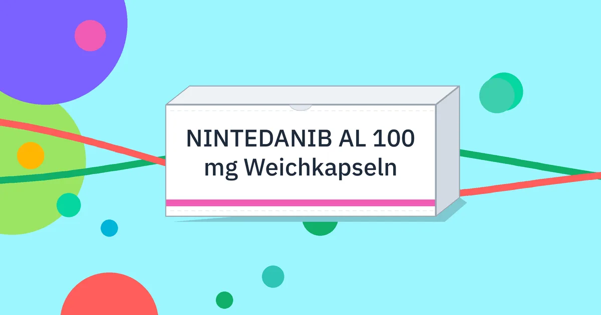 Symbolbild: Packung mit der Aufschrift NINTEDANIB AL 100 mg Weichkapseln (PZN 19991708) – Verfügbarkeit und Bezug in Apotheken in Frankfurt am Main