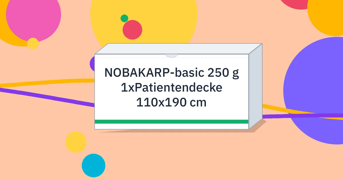 Symbolbild: Packung mit der Aufschrift NOBAKARP-basic 250 g 1xPatientendecke 110x190 cm (PZN 13878483) – Verfügbarkeit und Bezug in Apotheken in Frankfurt am Main
