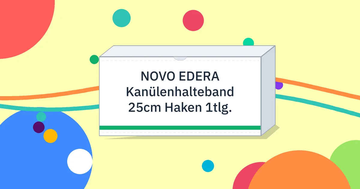 Symbolbild: Packung mit der Aufschrift NOVO EDERA Kanülenhalteband 25cm Haken 1tlg. (PZN 18726080) – Verfügbarkeit und Bezug in Apotheken in Frankfurt am Main