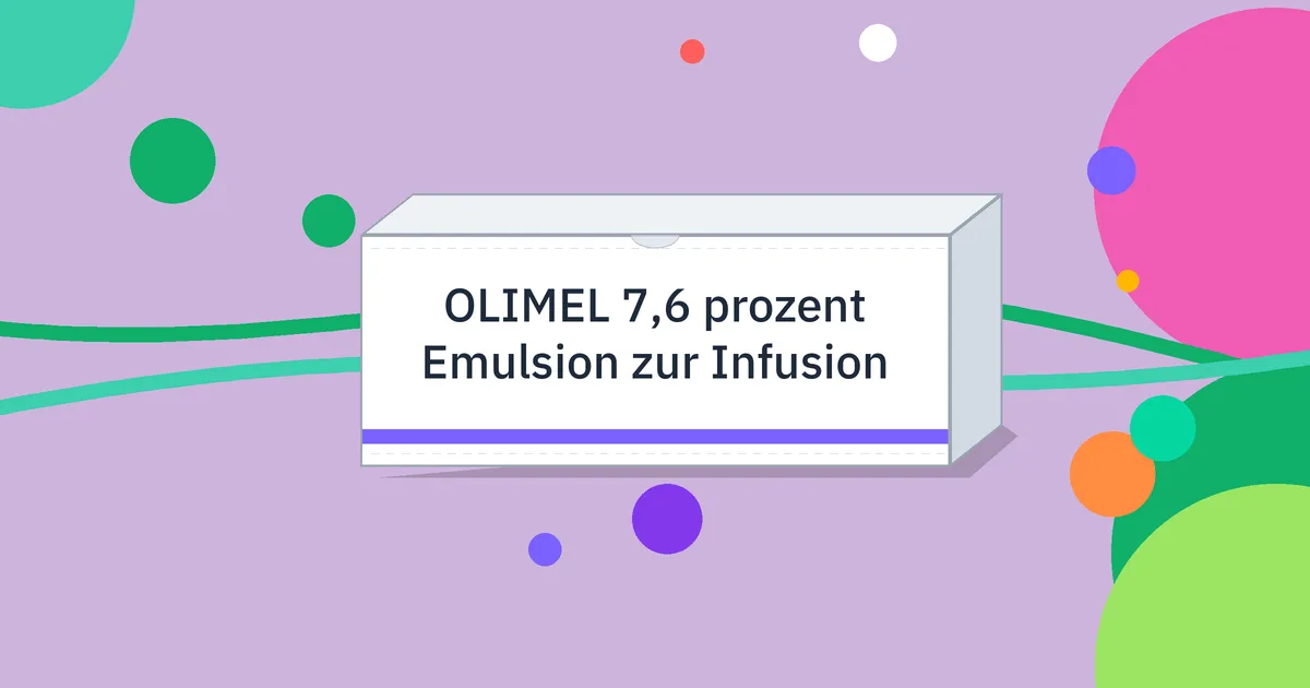 Symbolbild: Packung mit der Aufschrift OLIMEL 7,6 prozent Emulsion zur Infusion (PZN 14438556) – Verfügbarkeit und Bezug in Apotheken in Frankfurt am Main