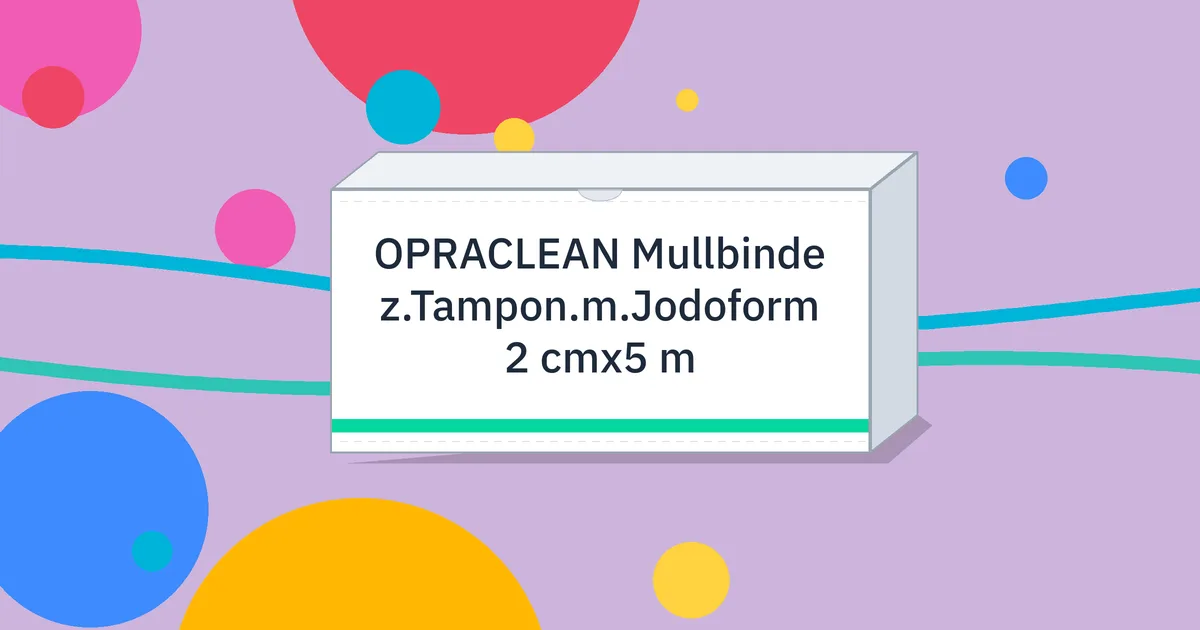 Symbolbild: Packung mit der Aufschrift OPRACLEAN Mullbinde z.Tampon.m.Jodoform 2 cmx5 m (PZN 20827121) – Verfügbarkeit und Bezug in Apotheken in Frankfurt am Main