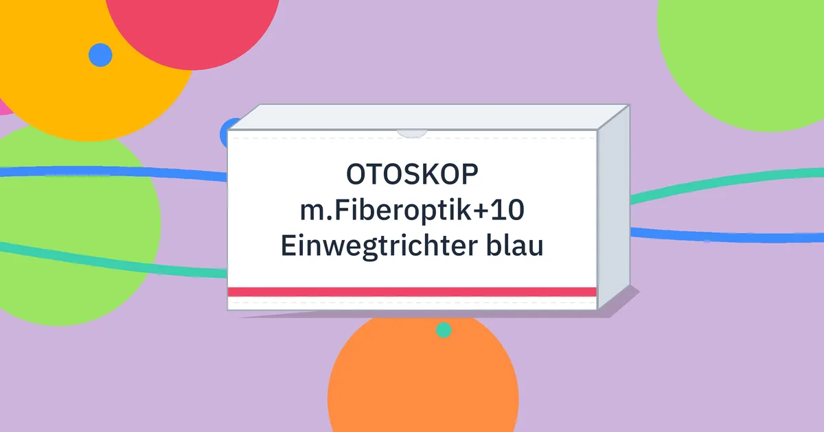 Symbolbild: Packung mit der Aufschrift OTOSKOP m.Fiberoptik+10 Einwegtrichter blau (PZN 20869881) – Verfügbarkeit und Bezug in Apotheken in Frankfurt am Main