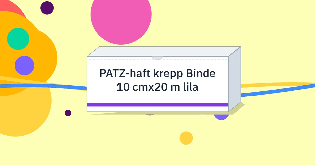 Symbolbild: Packung mit der Aufschrift PATZ-haft krepp Binde 10 cmx20 m lila (PZN 08929132) – Verfügbarkeit und Bezug in Apotheken in Frankfurt am Main