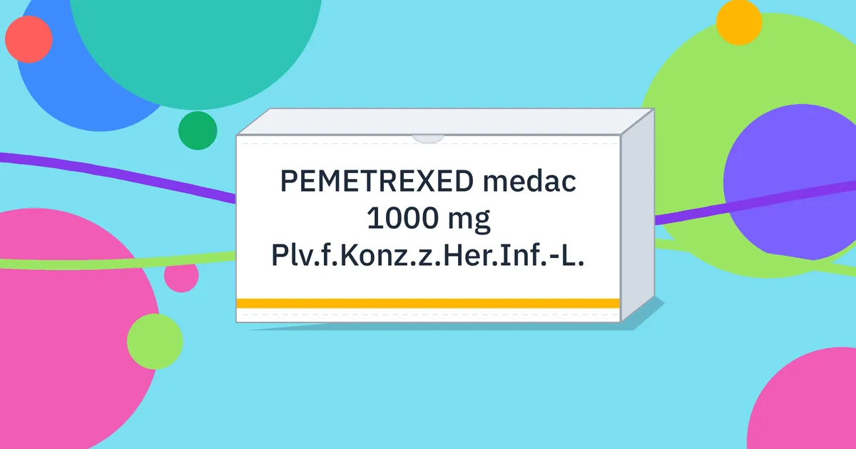 Symbolbild: Packung mit der Aufschrift PEMETREXED medac 1000 mg Plv.f.Konz.z.Her.Inf.-L. (PZN 11313305) – Verfügbarkeit und Bezug in Apotheken in Frankfurt am Main