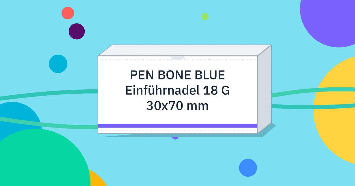 Symbolbild: Packung mit der Aufschrift PEN BONE BLUE Einführnadel 18 G 30x70 mm (PZN 16919892) – Verfügbarkeit und Bezug in Apotheken in Frankfurt am Main