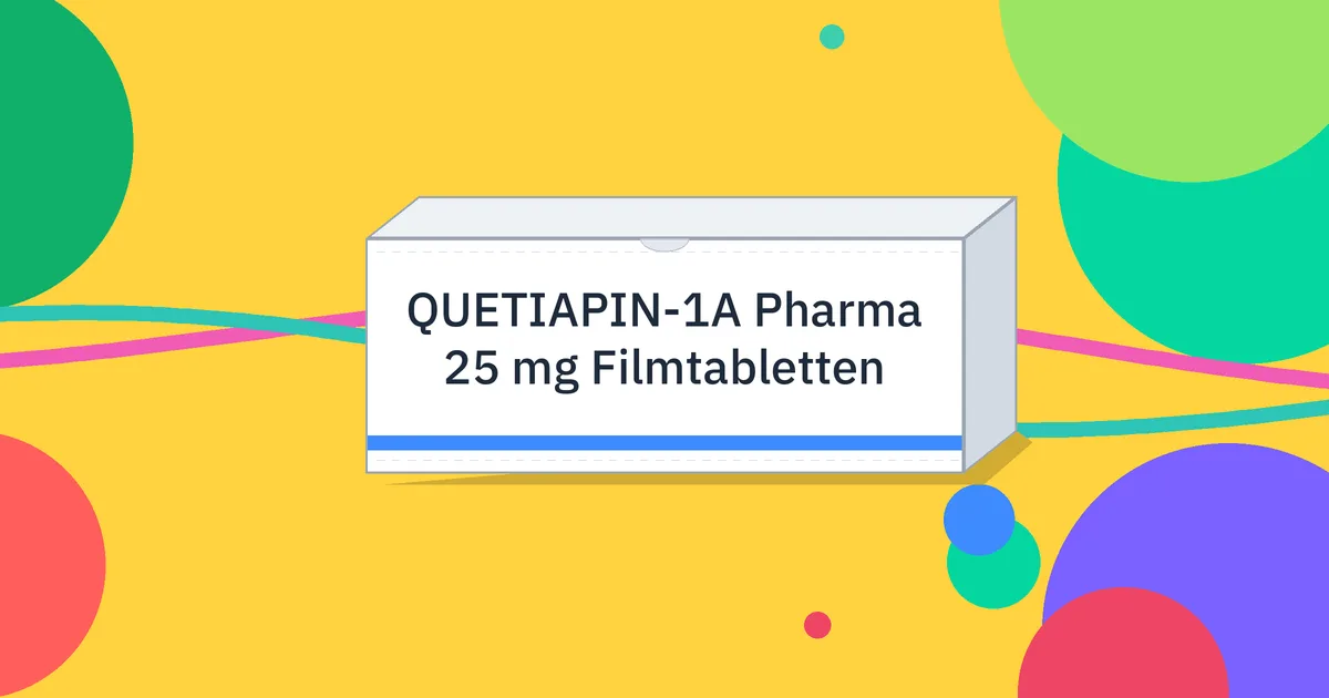 Symbolbild: Packung mit der Aufschrift QUETIAPIN-1A Pharma 25 mg Filmtabletten (PZN 09494541) – Verfügbarkeit und Bezug in Apotheken in Frankfurt am Main
