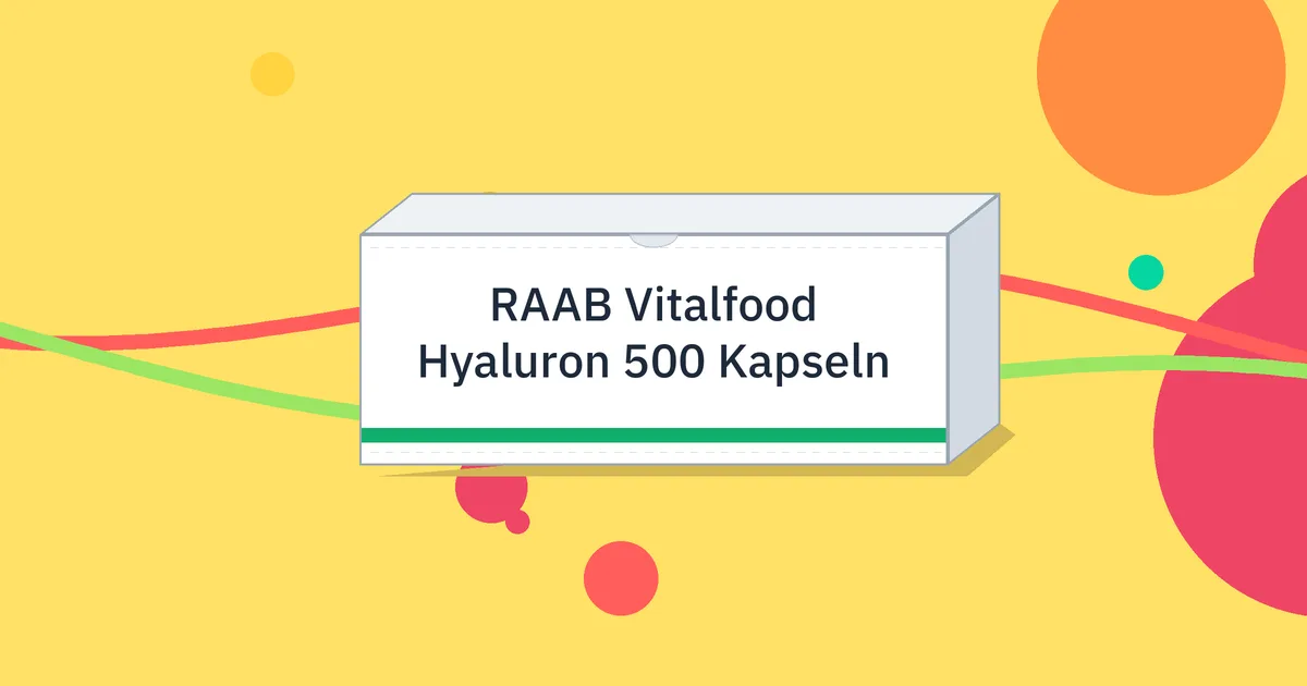 Symbolbild: Packung mit der Aufschrift RAAB Vitalfood Hyaluron 500 Kapseln (PZN 19304642) – Verfügbarkeit und Bezug in Apotheken in Frankfurt am Main