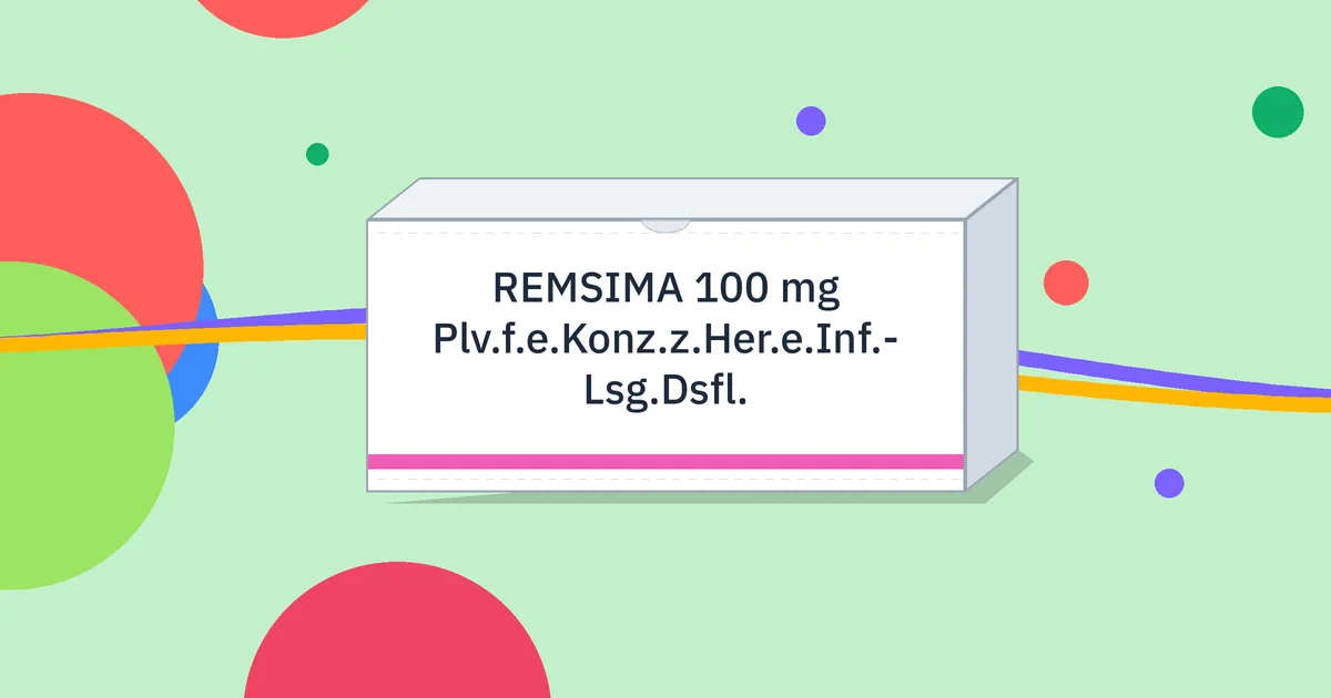 Symbolbild: Packung mit der Aufschrift REMSIMA 100 mg Plv.f.e.Konz.z.Her.e.Inf.-Lsg.Dsfl. (PZN 11697228) – Verfügbarkeit und Bezug in Apotheken in Frankfurt am Main