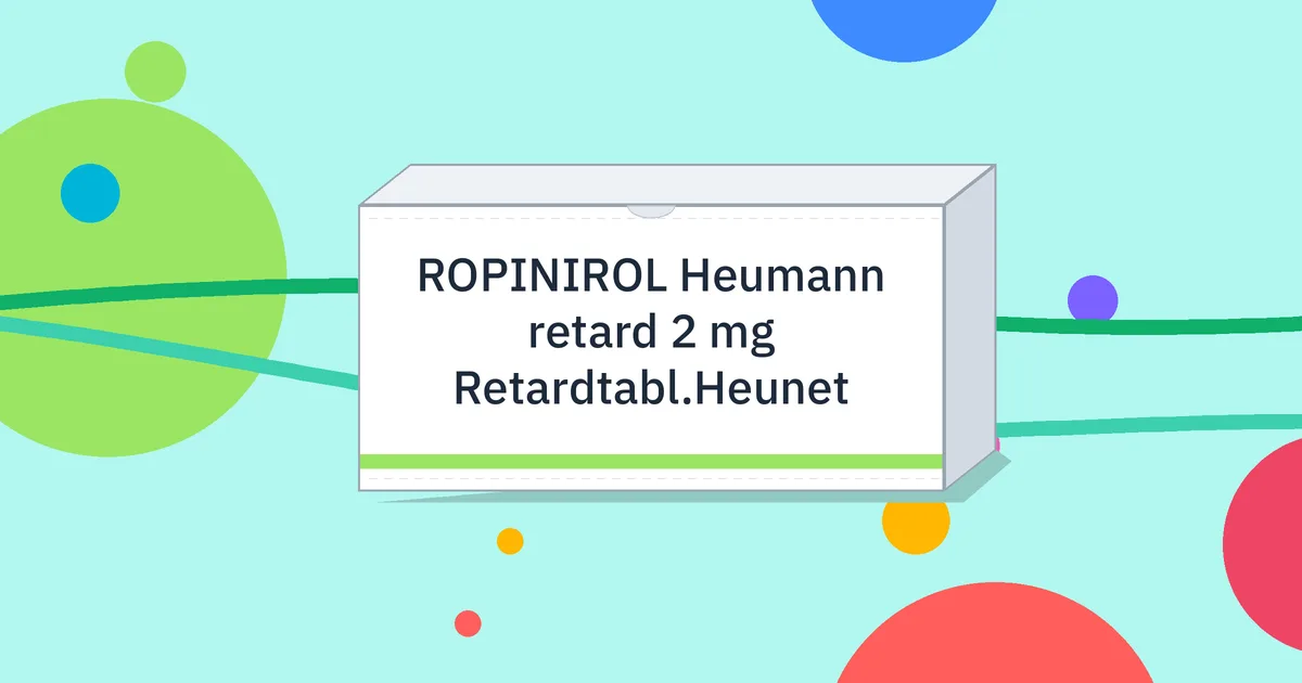 Symbolbild: Packung mit der Aufschrift ROPINIROL Heumann retard 2 mg Retardtabl.Heunet (PZN 16198458) – Verfügbarkeit und Bezug in Apotheken in Frankfurt am Main