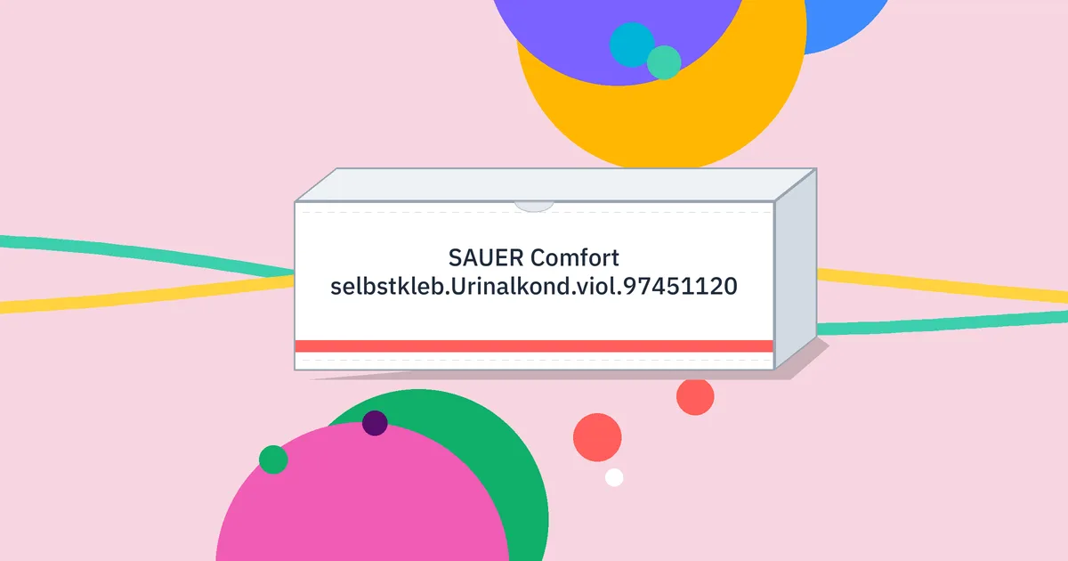 Symbolbild: Packung mit der Aufschrift SAUER Comfort selbstkleb.Urinalkond.viol.97451120 (PZN 11054625) – Verfügbarkeit und Bezug in Apotheken in Frankfurt am Main