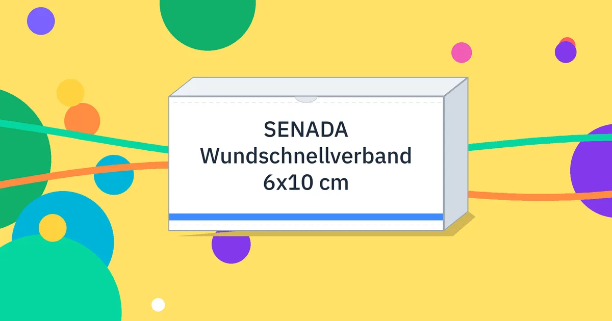 Symbolbild: Packung mit der Aufschrift SENADA Wundschnellverband 6x10 cm (PZN 10117855) – Verfügbarkeit und Bezug in Apotheken in Frankfurt am Main