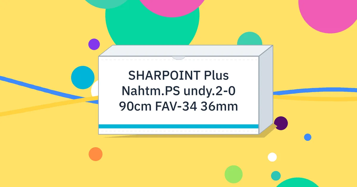 Symbolbild: Packung mit der Aufschrift SHARPOINT Plus Nahtm.PS undy.2-0 90cm FAV-34 36mm (PZN 17996179) – Verfügbarkeit und Bezug in Apotheken in Frankfurt am Main