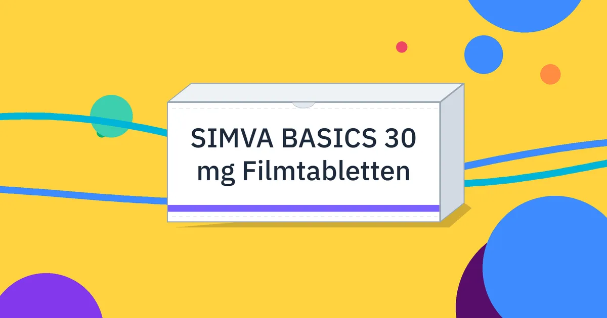 Symbolbild: Packung mit der Aufschrift SIMVA BASICS 30 mg Filmtabletten (PZN 07021790) – Verfügbarkeit und Bezug in Apotheken in Frankfurt am Main