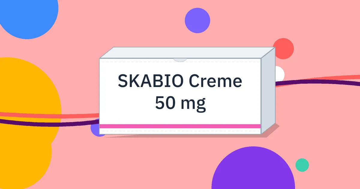 Symbolbild: Packung mit der Aufschrift SKABIO Creme 50 mg (PZN 16580927) – Verfügbarkeit und Bezug in Apotheken in Frankfurt am Main