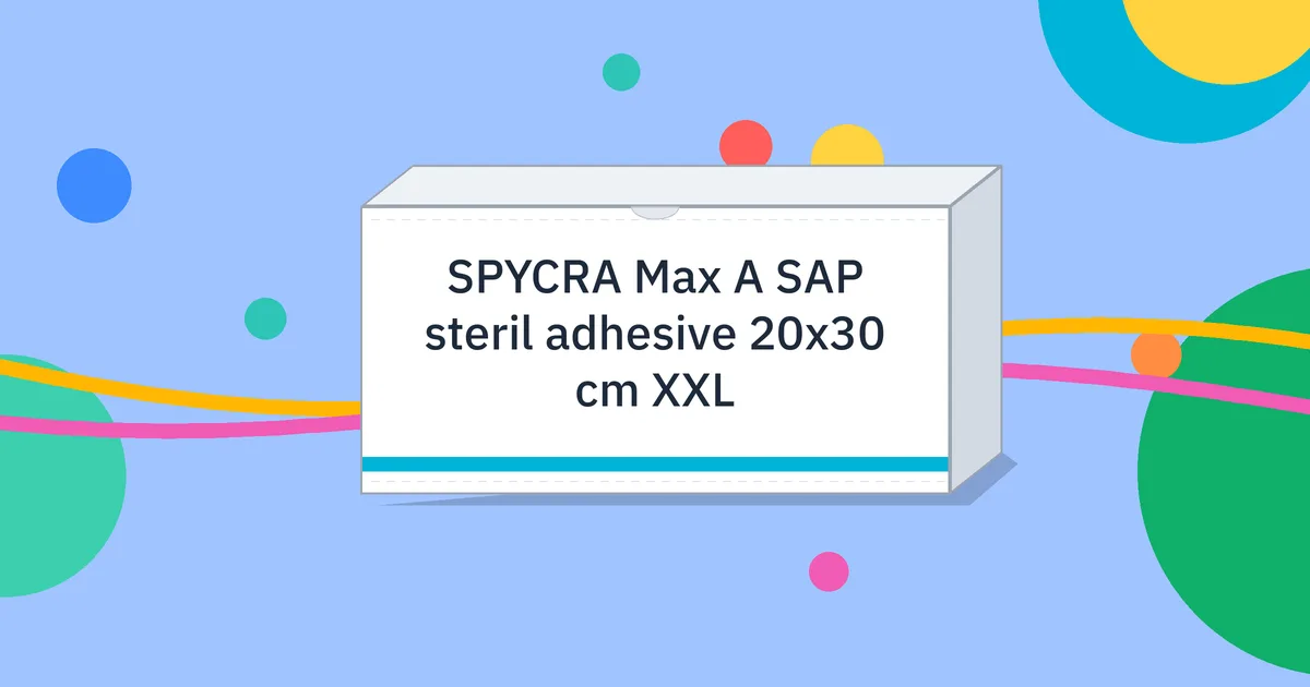 Symbolbild: Packung mit der Aufschrift SPYCRA Max A SAP steril adhesive 20x30 cm XXL (PZN 18179092) – Verfügbarkeit und Bezug in Apotheken in Frankfurt am Main