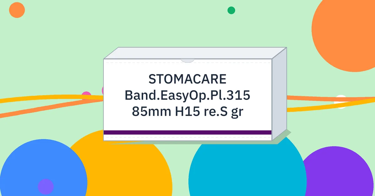 Symbolbild: Packung mit der Aufschrift STOMACARE Band.EasyOp.Pl.315 85mm H15 re.S gr (PZN 17905805) – Verfügbarkeit und Bezug in Apotheken in Frankfurt am Main