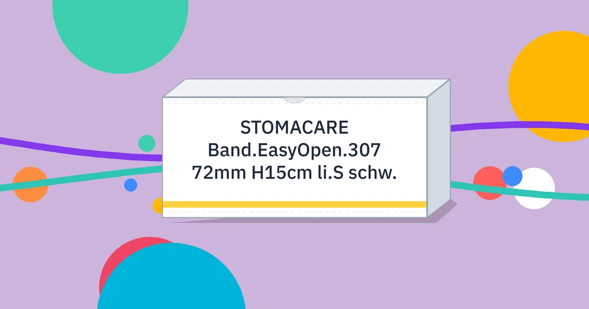 Symbolbild: Packung mit der Aufschrift STOMACARE Band.EasyOpen.307 72mm H15cm li.S schw. (PZN 09437520) – Verfügbarkeit und Bezug in Apotheken in Frankfurt am Main