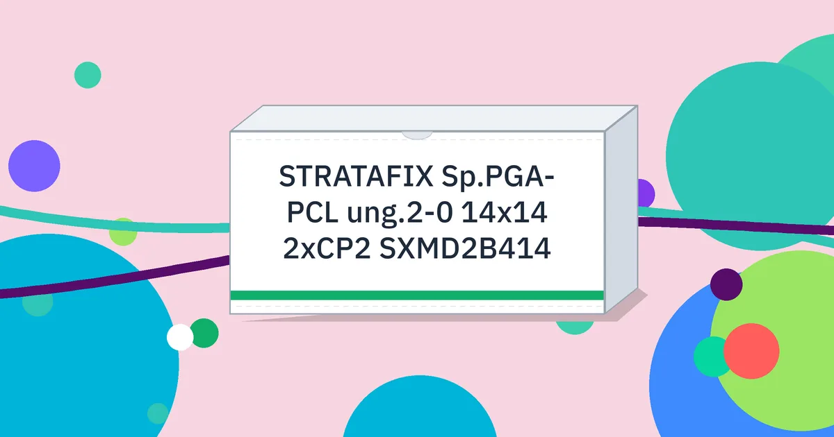 Symbolbild: Packung mit der Aufschrift STRATAFIX Sp.PGA-PCL ung.2-0 14x14 2xCP2 SXMD2B414 (PZN 20913837) – Verfügbarkeit und Bezug in Apotheken in Frankfurt am Main