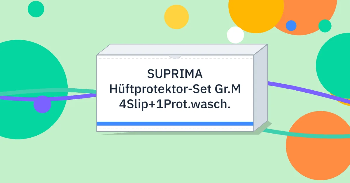 Symbolbild: Packung mit der Aufschrift SUPRIMA Hüftprotektor-Set Gr.M 4Slip+1Prot.wasch. (PZN 07711572) – Verfügbarkeit und Bezug in Apotheken in Frankfurt am Main