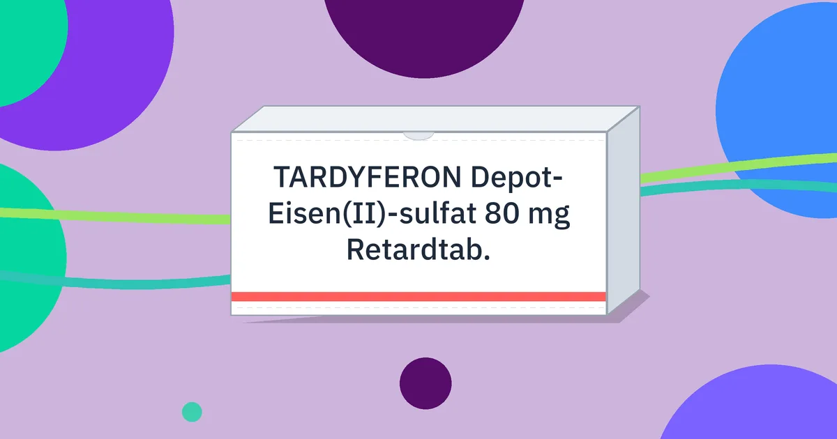 Symbolbild: Packung mit der Aufschrift TARDYFERON Depot-Eisen(II)-sulfat 80 mg Retardtab. (PZN 11313044) – Verfügbarkeit und Bezug in Apotheken in Frankfurt am Main