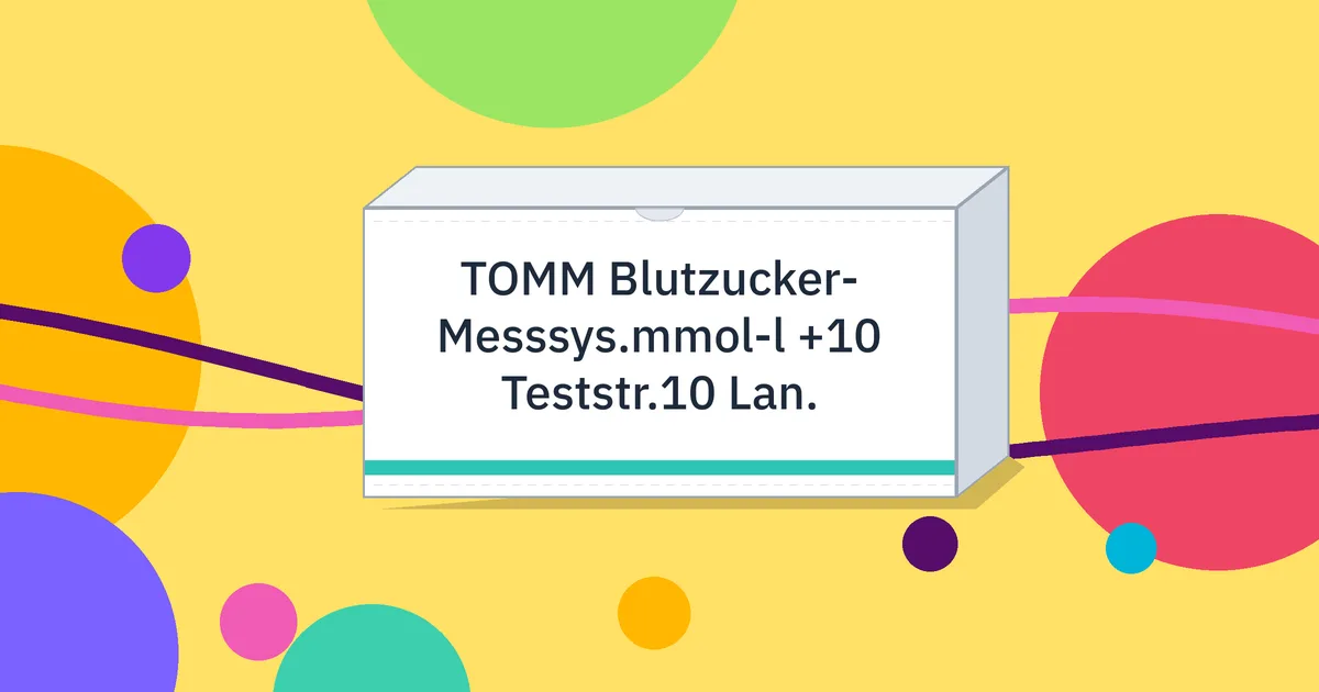Symbolbild: Packung mit der Aufschrift TOMM Blutzucker-Messsys.mmol-l +10 Teststr.10 Lan. (PZN 12724476) – Verfügbarkeit und Bezug in Apotheken in Frankfurt am Main