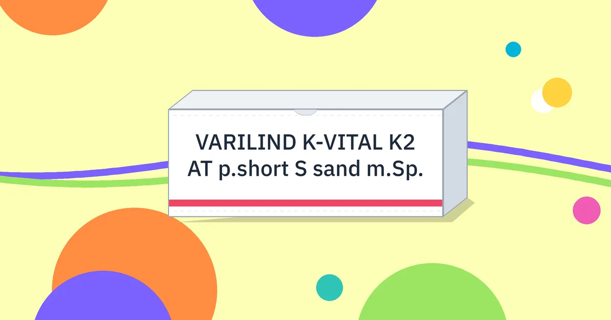 Symbolbild: Packung mit der Aufschrift VARILIND K-VITAL K2 AT p.short S sand m.Sp. (PZN 20561189) – Verfügbarkeit und Bezug in Apotheken in Frankfurt am Main