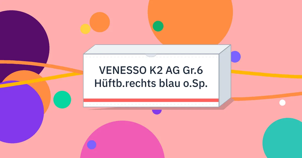 Symbolbild: Packung mit der Aufschrift VENESSO K2 AG Gr.6 Hüftb.rechts blau o.Sp. (PZN 03272124) – Verfügbarkeit und Bezug in Apotheken in Frankfurt am Main