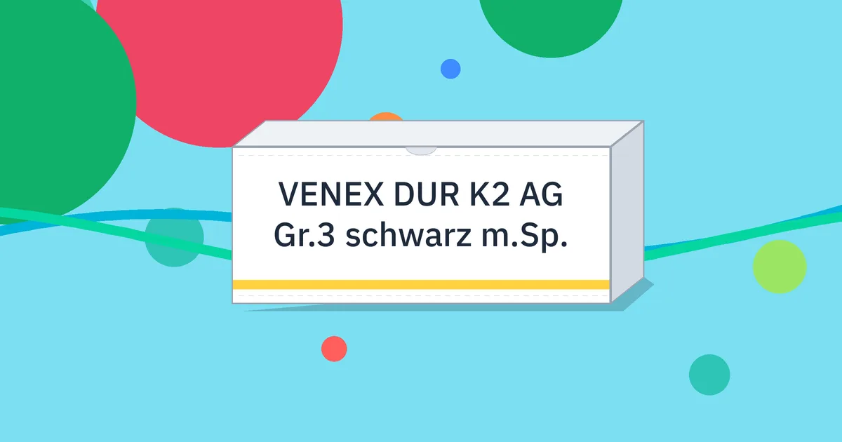 Symbolbild: Packung mit der Aufschrift VENEX DUR K2 AG Gr.3 schwarz m.Sp. (PZN 03213972) – Verfügbarkeit und Bezug in Apotheken in Frankfurt am Main