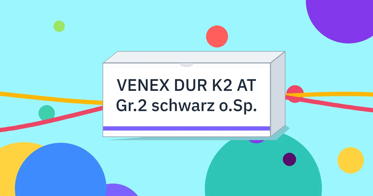 Symbolbild: Packung mit der Aufschrift VENEX DUR K2 AT Gr.2 schwarz o.Sp. (PZN 03224906) – Verfügbarkeit und Bezug in Apotheken in Frankfurt am Main