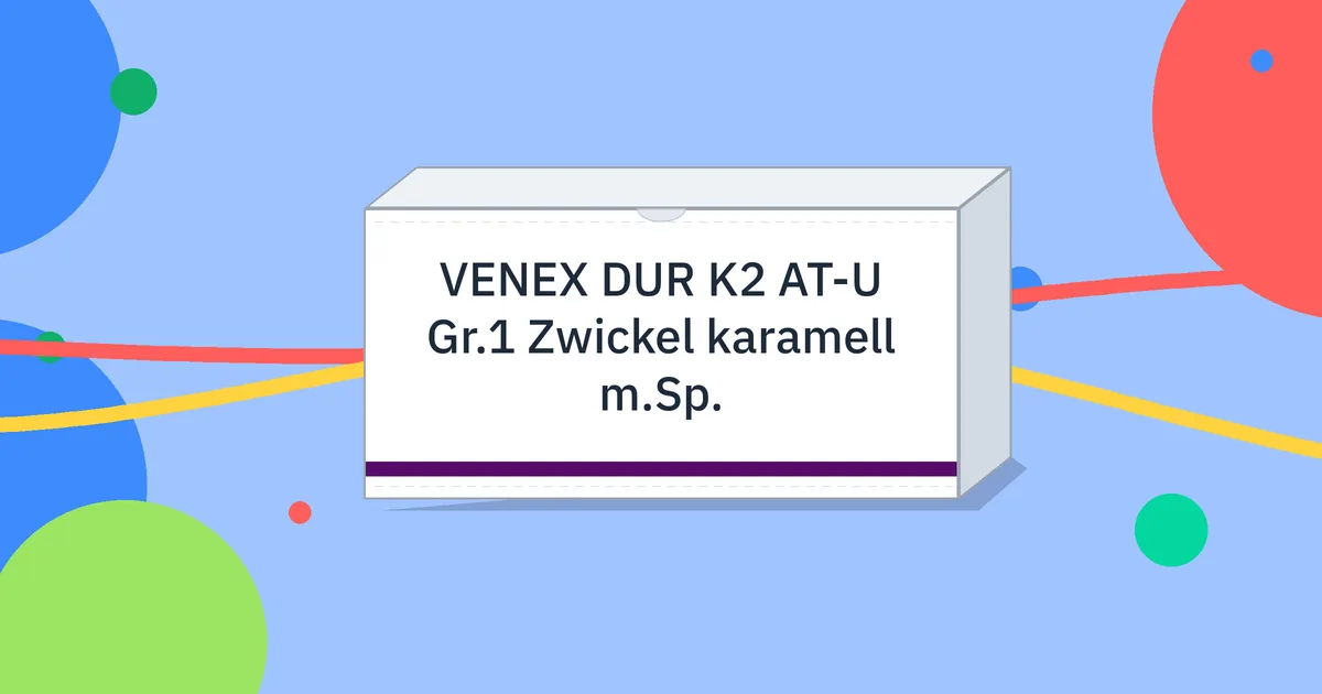 Symbolbild: Packung mit der Aufschrift VENEX DUR K2 AT-U Gr.1 Zwickel karamell m.Sp. (PZN 13759488) – Verfügbarkeit und Bezug in Apotheken in Frankfurt am Main