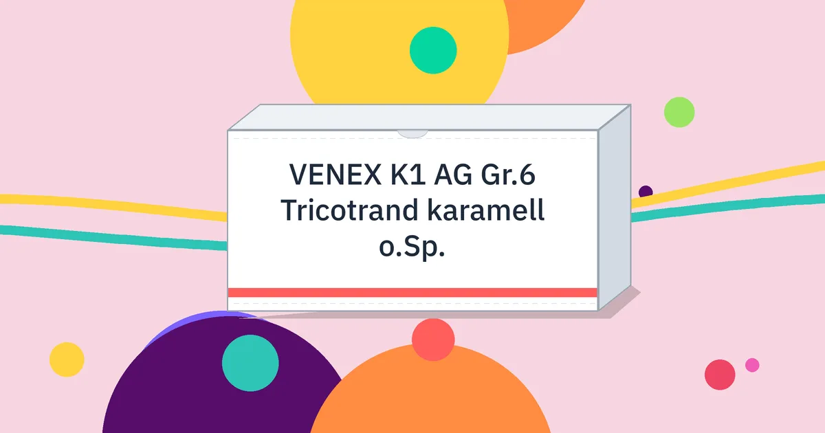 Symbolbild: Packung mit der Aufschrift VENEX K1 AG Gr.6 Tricotrand karamell o.Sp. (PZN 13762763) – Verfügbarkeit und Bezug in Apotheken in Frankfurt am Main
