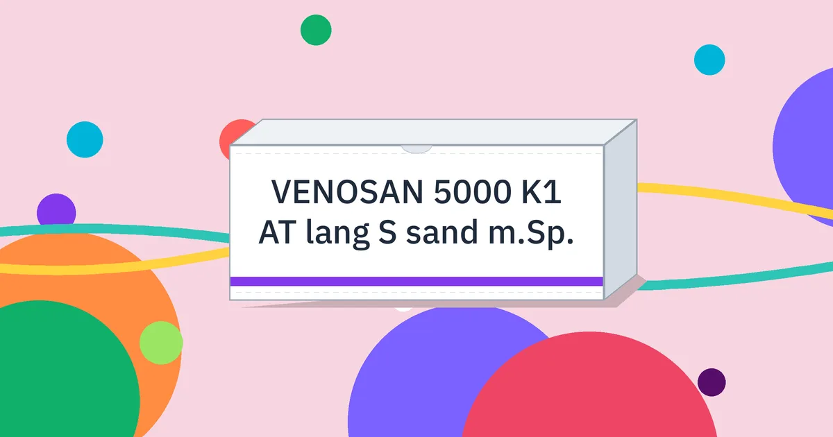 Symbolbild: Packung mit der Aufschrift VENOSAN 5000 K1 AT lang S sand m.Sp. (PZN 14428167) – Verfügbarkeit und Bezug in Apotheken in Frankfurt am Main