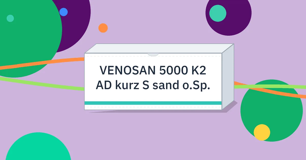 Symbolbild: Packung mit der Aufschrift VENOSAN 5000 K2 AD kurz S sand o.Sp. (PZN 14428598) – Verfügbarkeit und Bezug in Apotheken in Frankfurt am Main