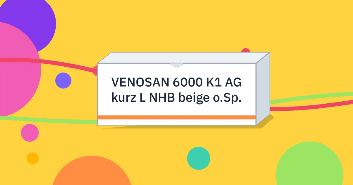 Symbolbild: Packung mit der Aufschrift VENOSAN 6000 K1 AG kurz L NHB beige o.Sp. (PZN 17171510) – Verfügbarkeit und Bezug in Apotheken in Frankfurt am Main
