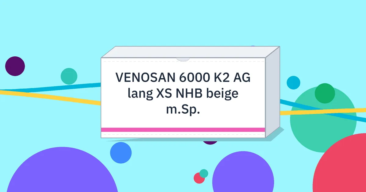 Symbolbild: Packung mit der Aufschrift VENOSAN 6000 K2 AG lang XS NHB beige m.Sp. (PZN 17172751) – Verfügbarkeit und Bezug in Apotheken in Frankfurt am Main