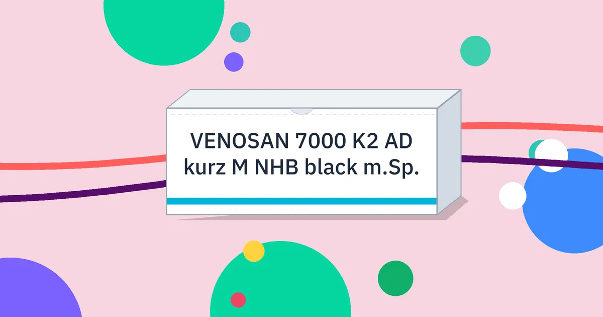 Symbolbild: Packung mit der Aufschrift VENOSAN 7000 K2 AD kurz M NHB black m.Sp. (PZN 14435865) – Verfügbarkeit und Bezug in Apotheken in Frankfurt am Main