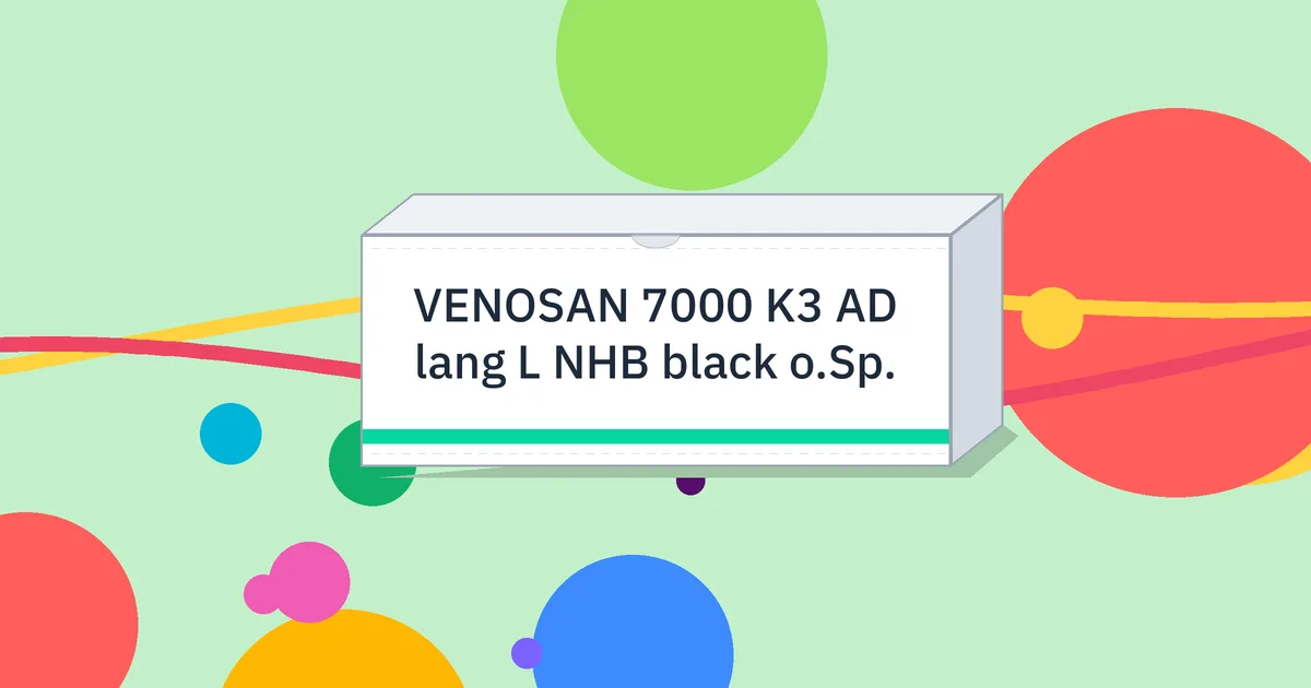 Symbolbild: Packung mit der Aufschrift VENOSAN 7000 K3 AD lang L NHB black o.Sp. (PZN 14436304) – Verfügbarkeit und Bezug in Apotheken in Frankfurt am Main