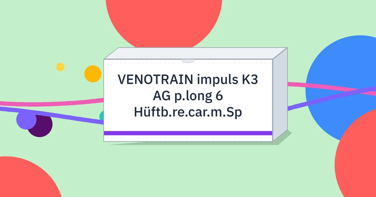 Symbolbild: Packung mit der Aufschrift VENOTRAIN impuls K3 AG p.long 6 Hüftb.re.car.m.Sp (PZN 10293747) – Verfügbarkeit und Bezug in Apotheken in Frankfurt am Main