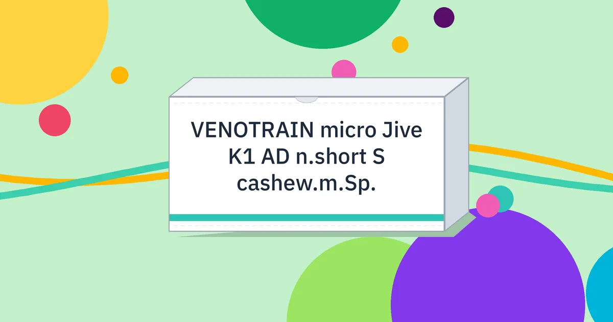 Symbolbild: Packung mit der Aufschrift VENOTRAIN micro Jive K1 AD n.short S cashew.m.Sp. (PZN 20768186) – Verfügbarkeit und Bezug in Apotheken in Frankfurt am Main