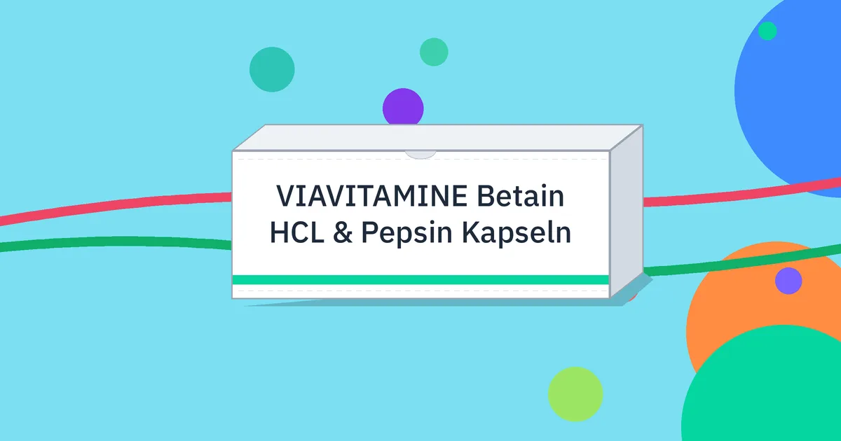 Symbolbild: Packung mit der Aufschrift VIAVITAMINE Betain HCL & Pepsin Kapseln (PZN 15570105) – Verfügbarkeit und Bezug in Apotheken in Frankfurt am Main