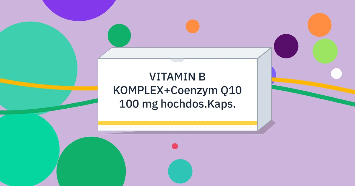 Symbolbild: Packung mit der Aufschrift VITAMIN B KOMPLEX+Coenzym Q10 100 mg hochdos.Kaps. (PZN 20844533) – Verfügbarkeit und Bezug in Apotheken in Frankfurt am Main