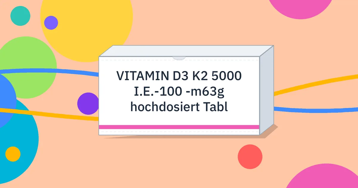 Symbolbild: Packung mit der Aufschrift VITAMIN D3 K2 5000 I.E.-100 -m63g hochdosiert Tabl (PZN 18662440) – Verfügbarkeit und Bezug in Apotheken in Frankfurt am Main
