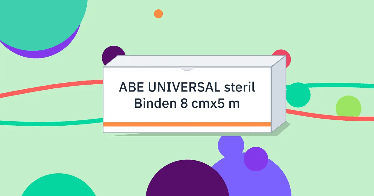 Symbolbild: Packung mit der Aufschrift ABE UNIVERSAL steril Binden 8 cmx5 m (PZN 13655694) – Verfügbarkeit und Bezug in Apotheken in Frankfurt am Main