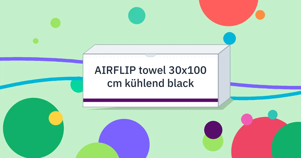 Symbolbild: Packung mit der Aufschrift AIRFLIP towel 30x100 cm kühlend black (PZN 19797521) – Verfügbarkeit und Bezug in Apotheken in Frankfurt am Main